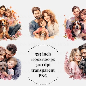 Family and Dog Watercolor Clipart Bundle, Family Portrait With Pet Free ...