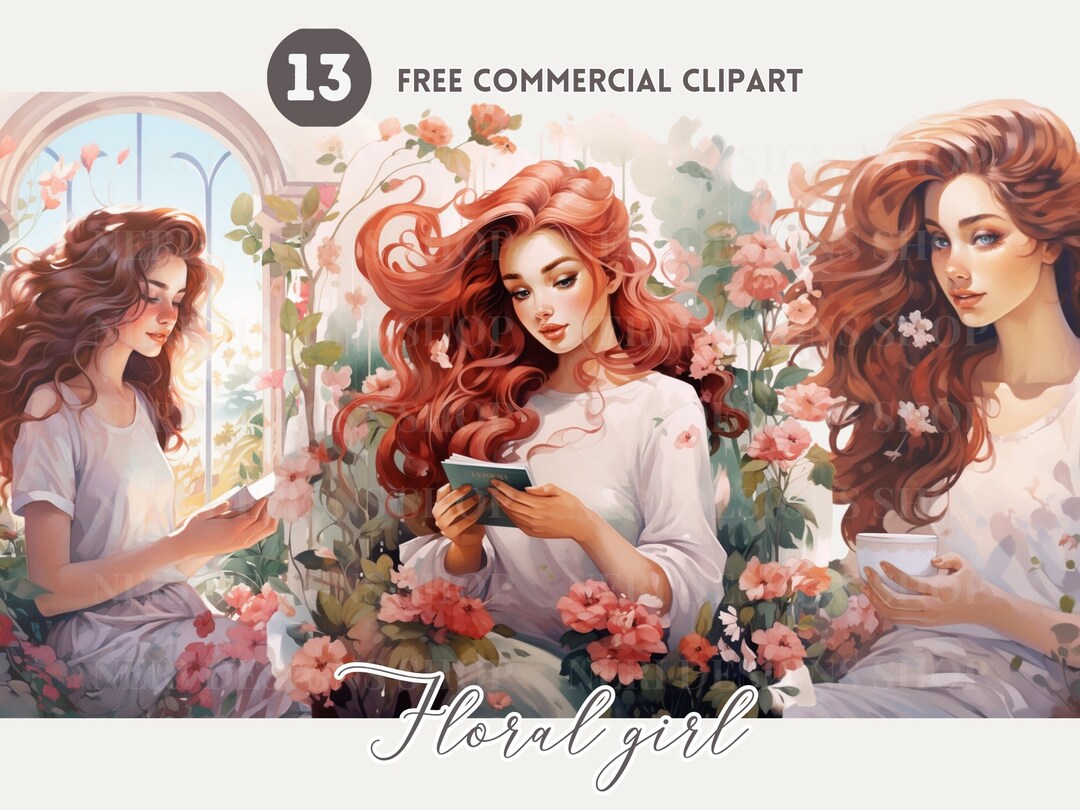 Floral Woman Reading Watercolor Clipart Bundle Girl and Rose Bloom Free ...