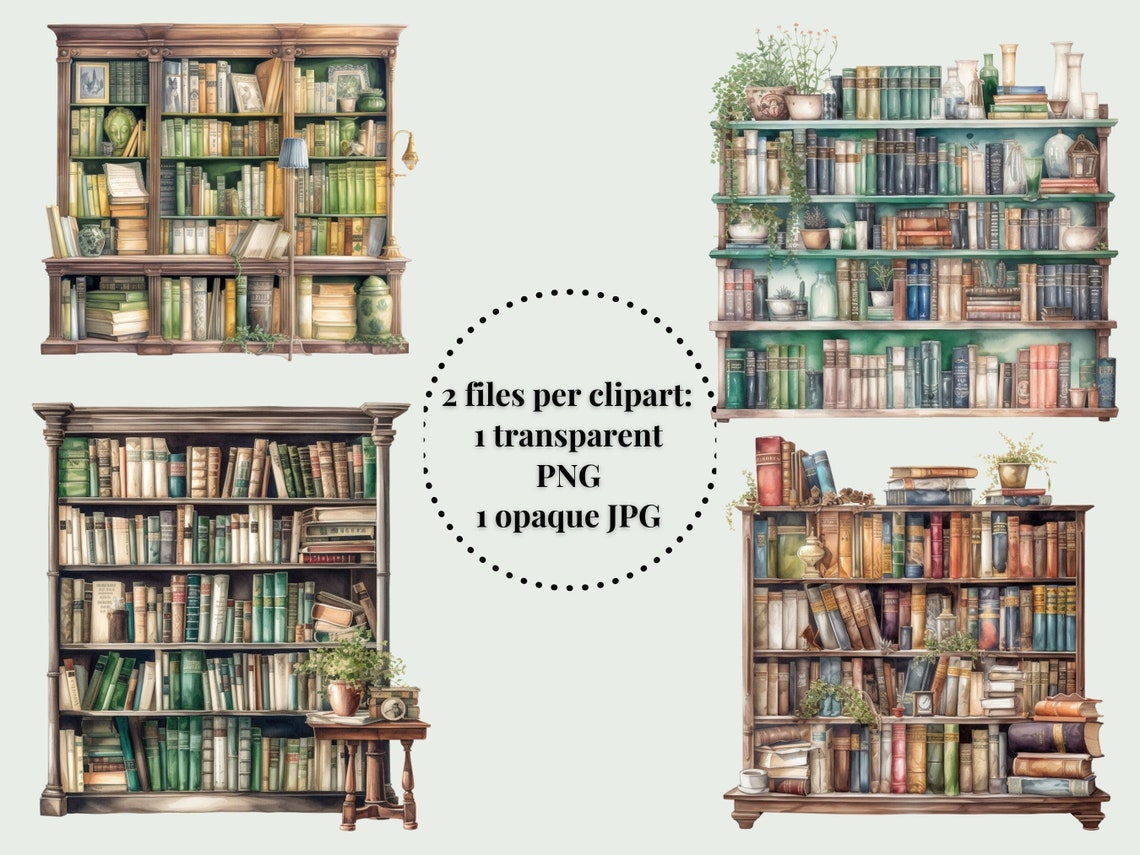 Vintage Bookcase Watercolor Clipart Bundle Bookshelf Free - Etsy