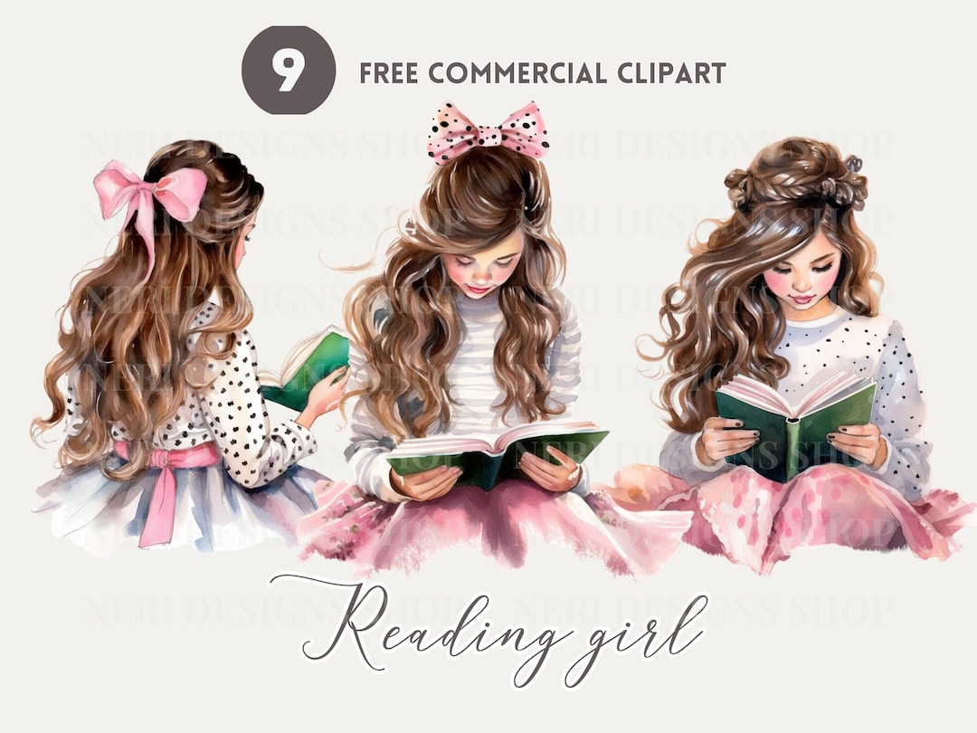 Reading Girl Watercolor Clipart Bundle, Book Lover Free Commercial PNG ...