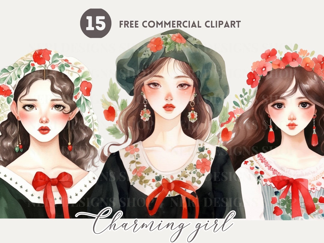 Charming Girl Watercolor Clipart Bundle, Floral Lady With Flower Free ...