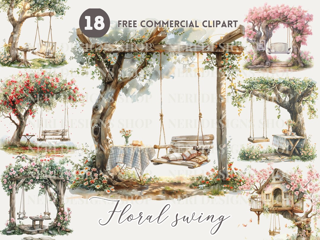 Floral Garden Swing Watercolor Clipart Bundle, Free Commercial ...