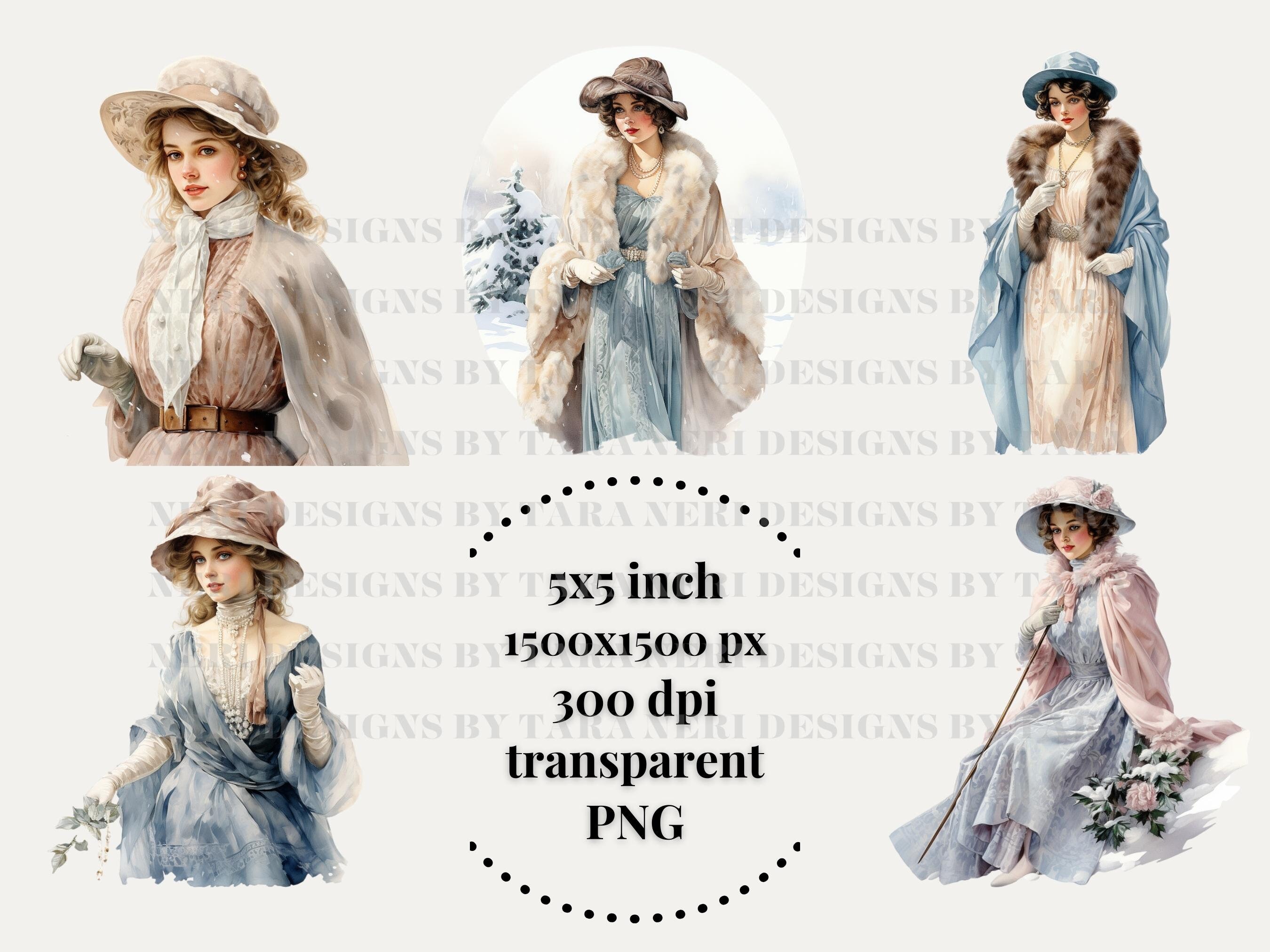 Vintage Winter Lady Watercolor Clipart Bundle, Victorian Woman in Snow ...