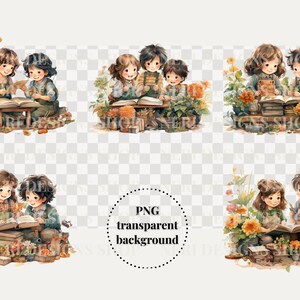 Children Group Study Watercolor Clipart Bundle, Kid Study With Friend ...