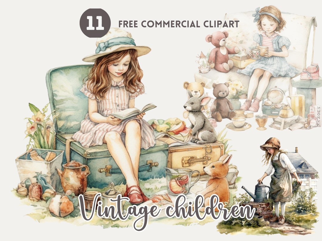 Vintage Kid Playing With Toy Watercolor Clipart Bundle Retro Playtime ...