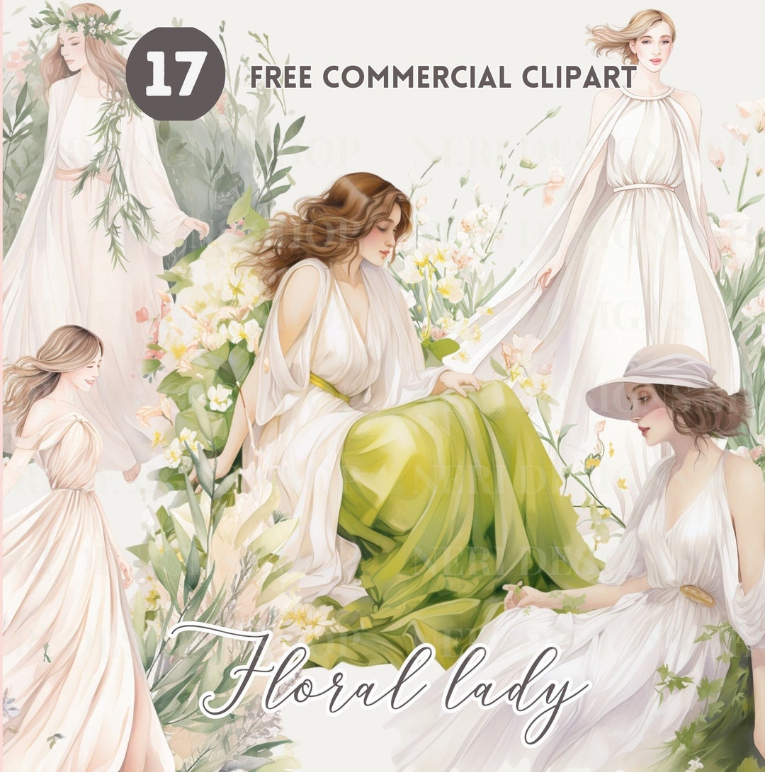 Floral Lady in Dress Watercolor Clipart Bundle, Woman in Gown by Flower ...
