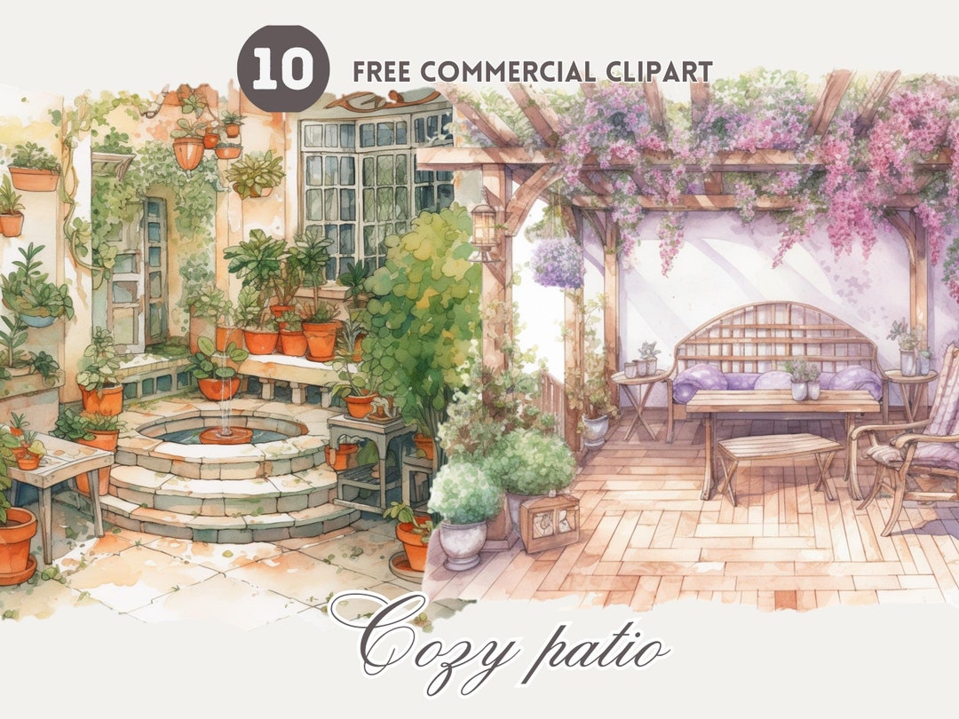 Cozy Patio Watercolor Clipart Bundle, Outdoor Seating Free Commercial ...
