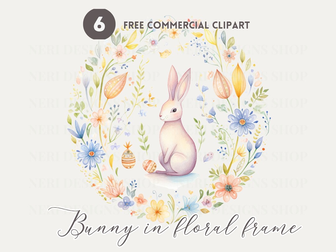 Bunny in Floral Frame Watercolor Clipart Bundle, Floral Rabbit Free ...