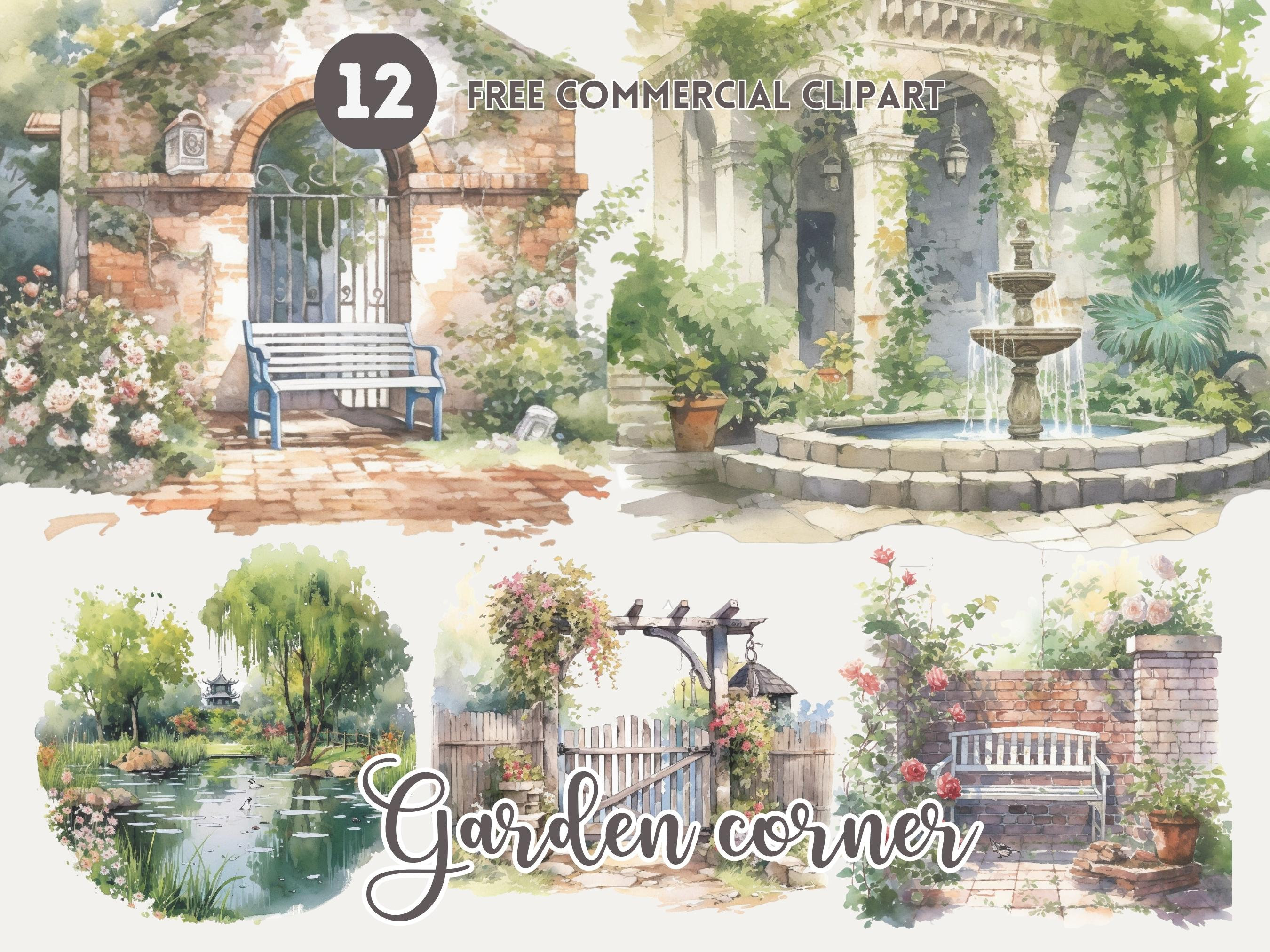 Serene Garden Watercolor Clipart Bundle Garden Fountain Free - Etsy