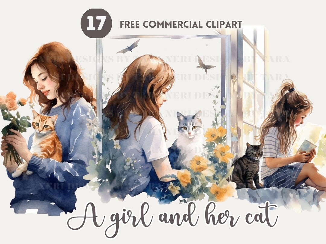 Girl and Cat Watercolor Clipart Bundle Woman With Pet Cat - Etsy