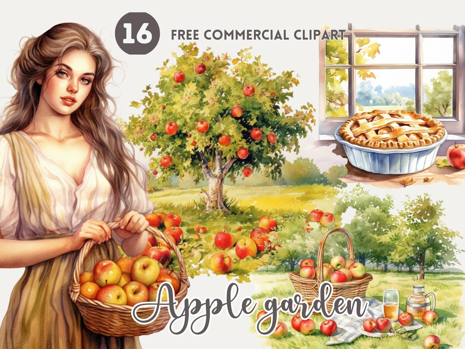 Apple Orchard Watercolor Clipart Bundle Apple Garden Free Commercial ...