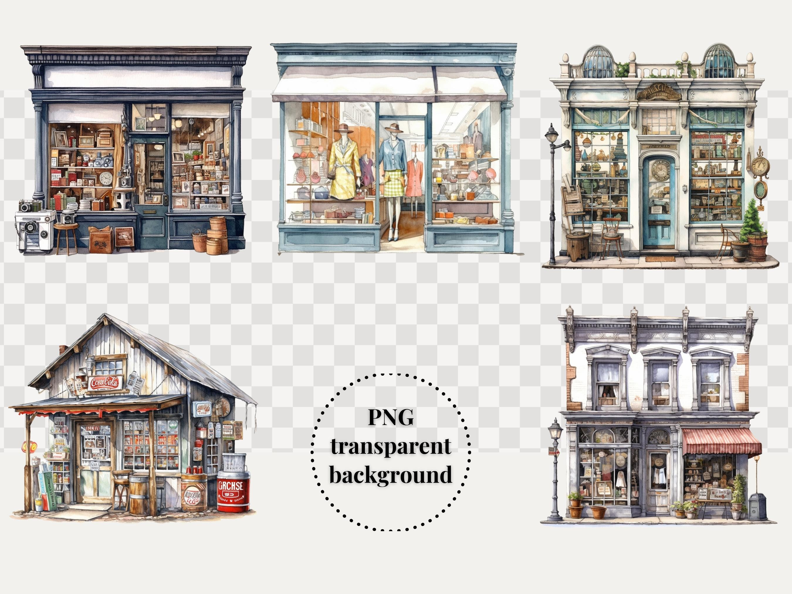 Retro Storefront Watercolor Clipart Bundle Street Shop Store - Etsy