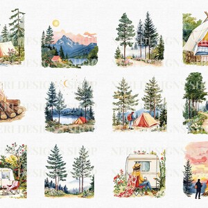 Forest Camping Watercolor Clipart, Mountain Picnic Scene Free ...