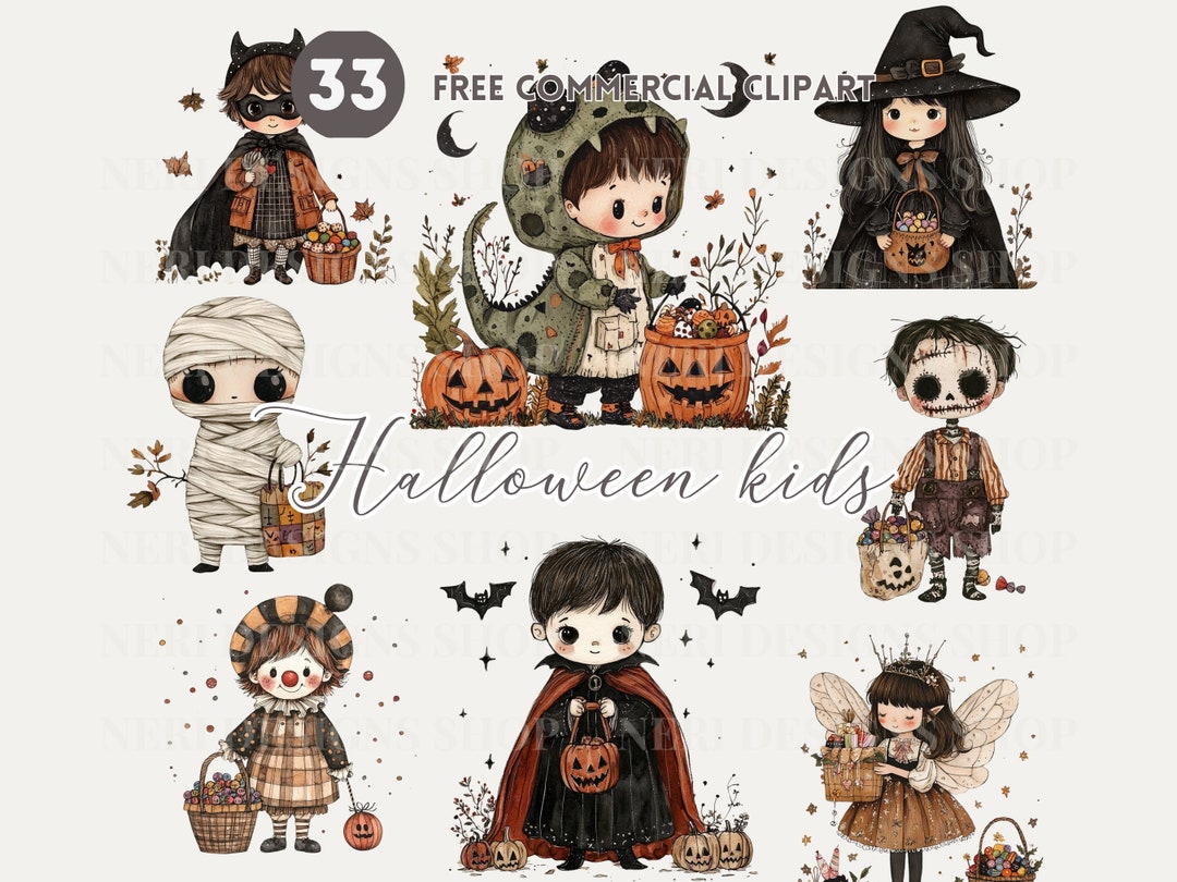 Kid in Halloween Costume Watercolor Clipart, Spooky Children Free ...