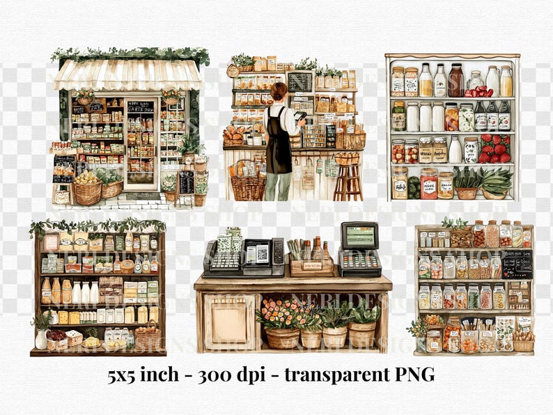 Grocery Store Watercolor Clipart, Market Day Scene Free Commercial PNG ...