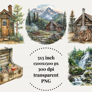 Forest Rustic Cabin Watercolor Clipart Bundle, Serene Woodland Lodge ...