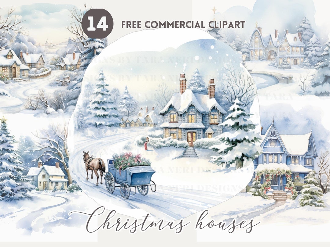Christmas House Watercolor Clipart Bundle, Winter Home Free Commercial ...