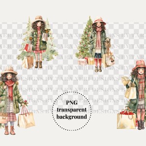 Christmas Girl Shopping Watercolor Clipart, Holiday Retail Shopper Free ...