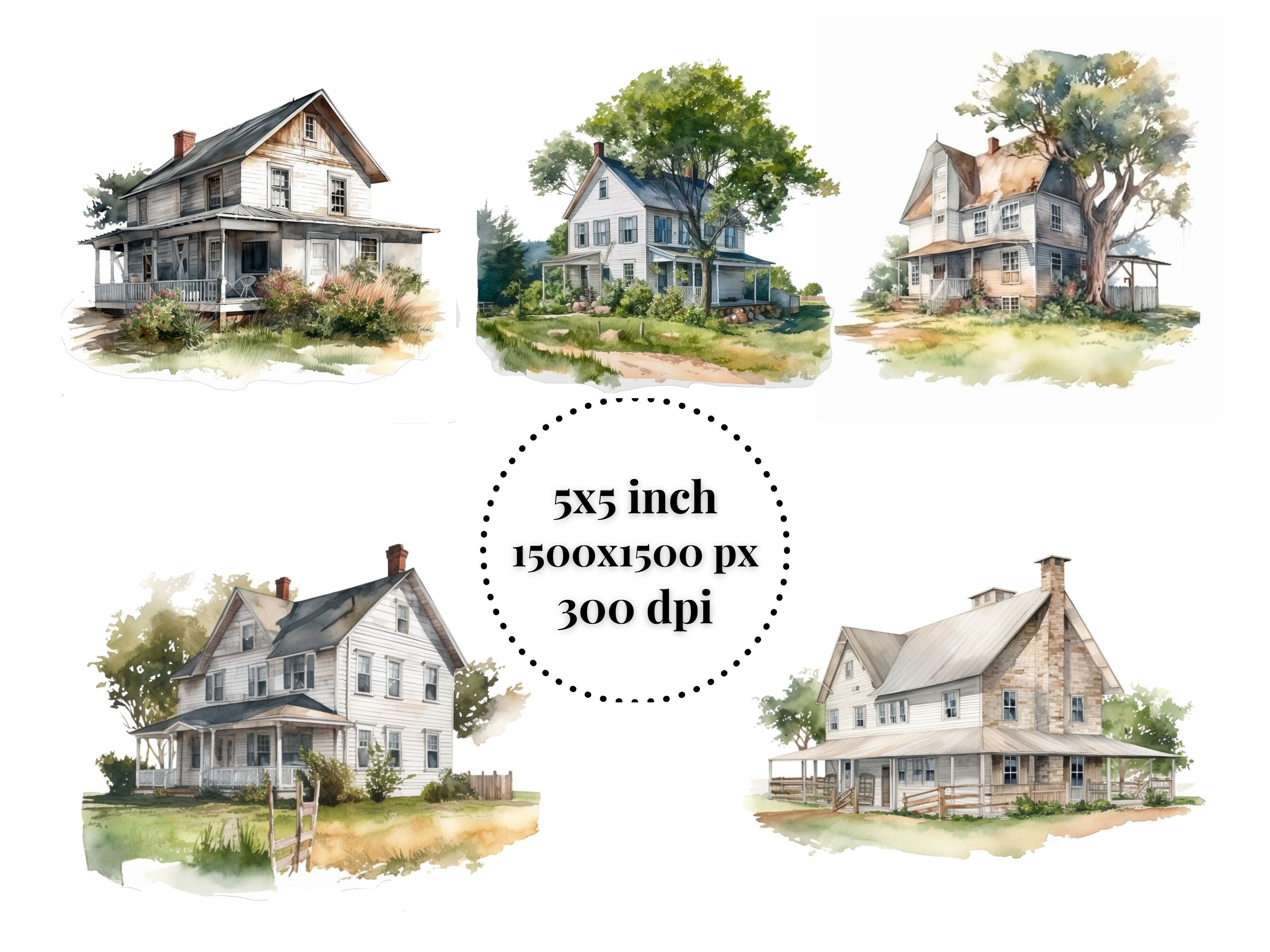 Farmhouse Watercolor Clipart Bundle Rural House Commercial - Etsy