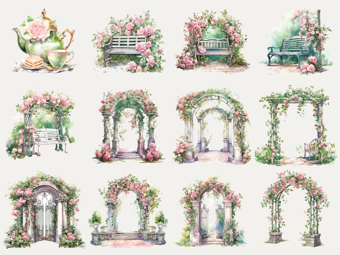 Rose Garden Watercolor Clipart Bundle Floral Free Commercial - Etsy