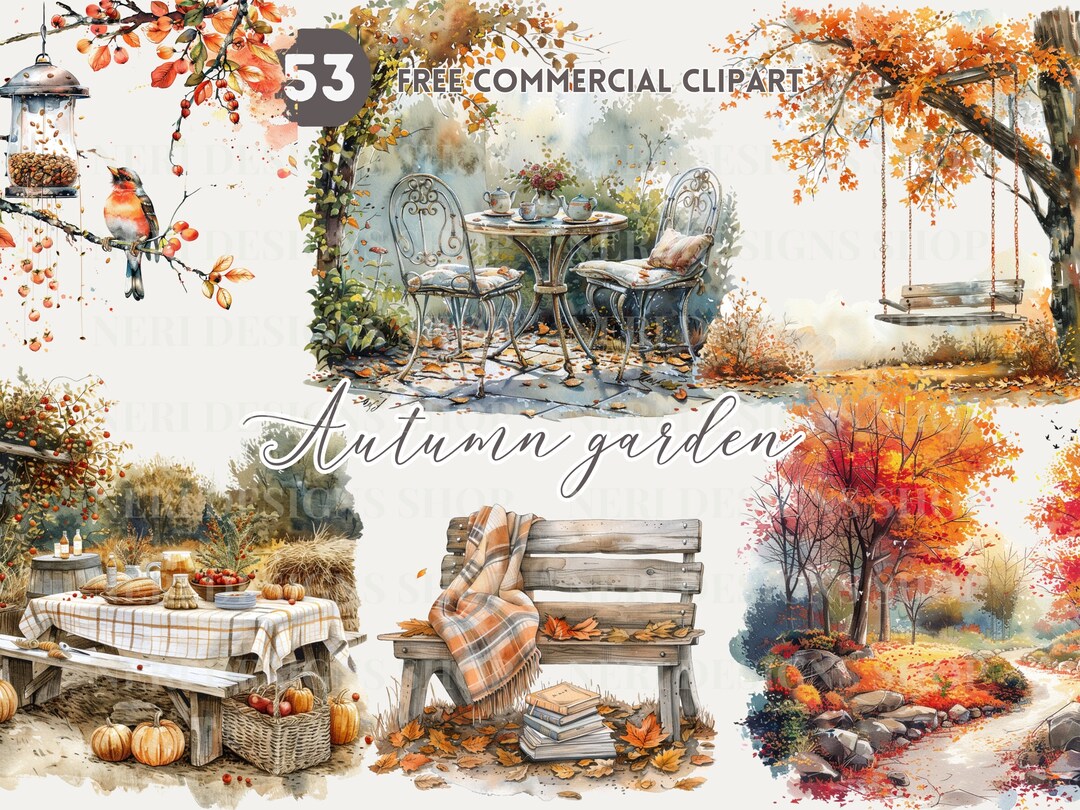 Fall Garden Watercolor Clipart Bundle Autumn Garden Free Commercial Png ...
