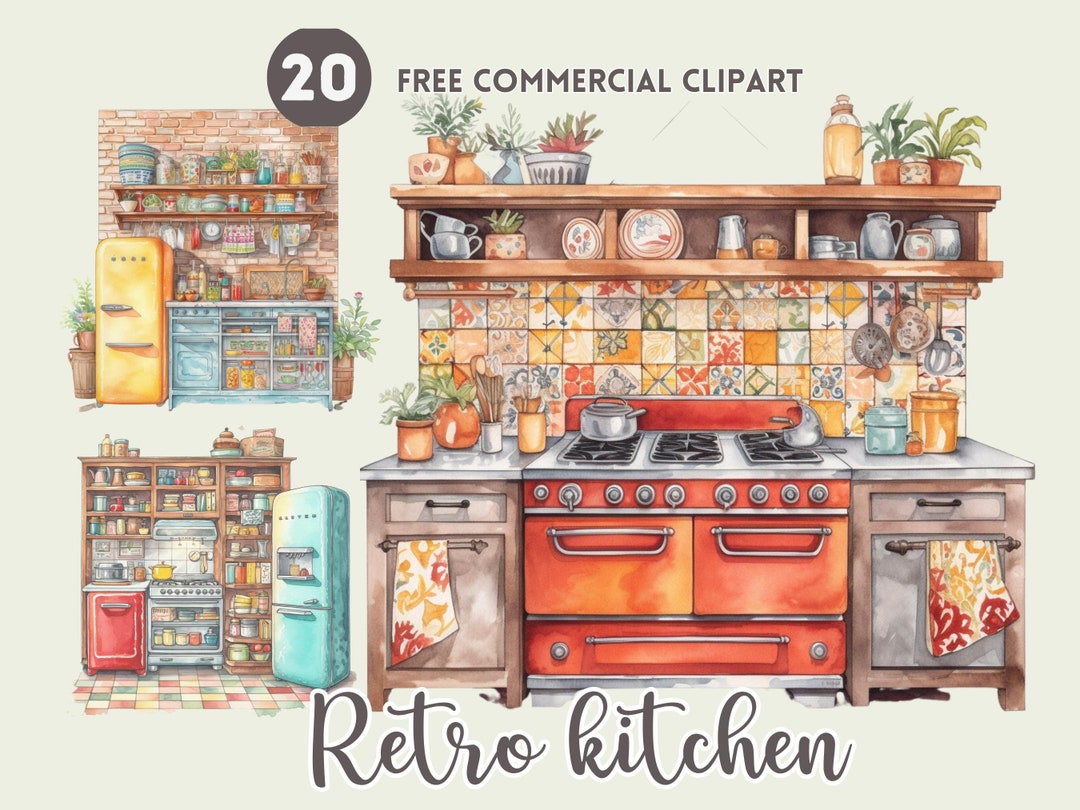 Retro Kitchen Watercolor Clipart Bundle Free Commercial Vintage Cooking ...
