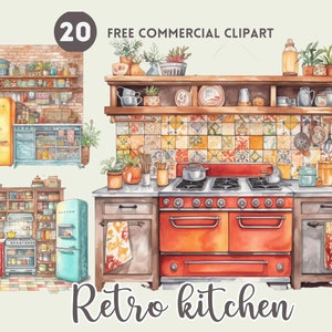Retro Kitchen Watercolor Clipart Bundle Free Commercial Vintage Cooking ...