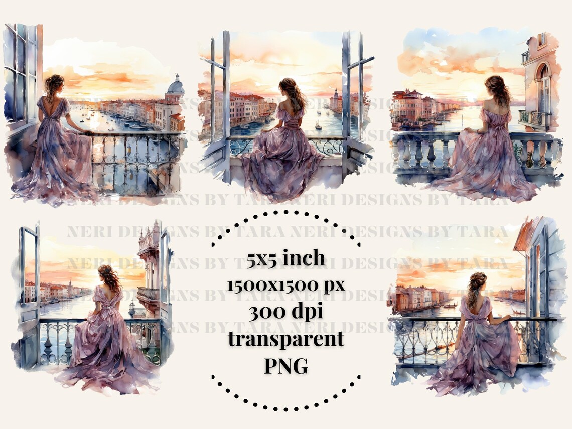 Backview Lady in Balcony Watercolor Clipart Bundle Romantic - Etsy