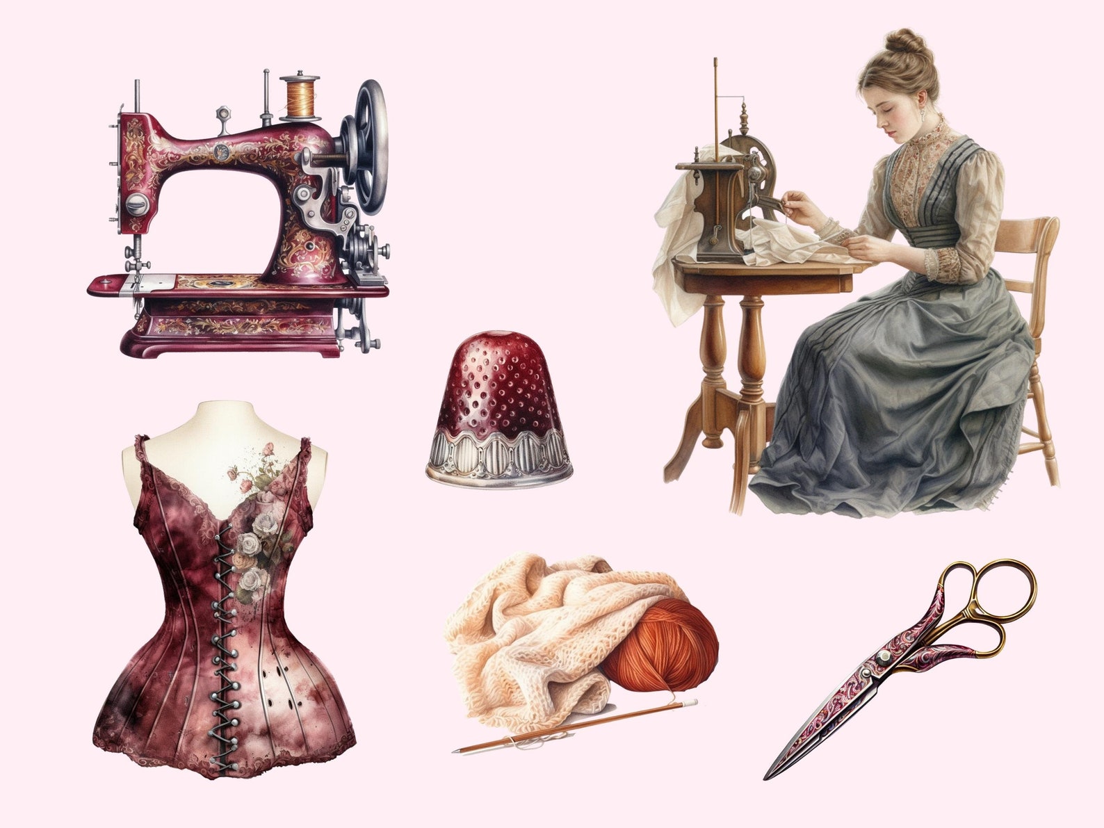 Vintage Tailoring Watercolor Clipart Bundle Victorian Fashion Free ...