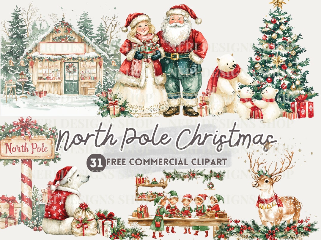 Santa Claus and Mrs Claus Watercolor Clipart, Christmas in North Pole ...