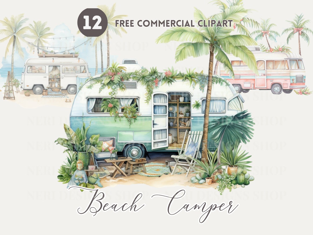 Beach Camper Watercolor Clipart, Seaside Camper Free Commercial PNG ...
