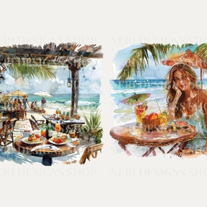 Beach Cafe and Bar Watercolor Clipart Bundle Seaview Coffee shop Free ...