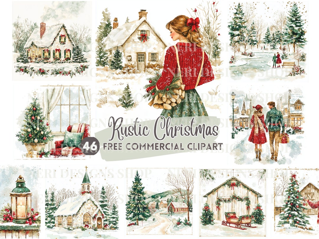 Rustic Christmas Watercolor Clipart, Countryside Winter Barn Free ...