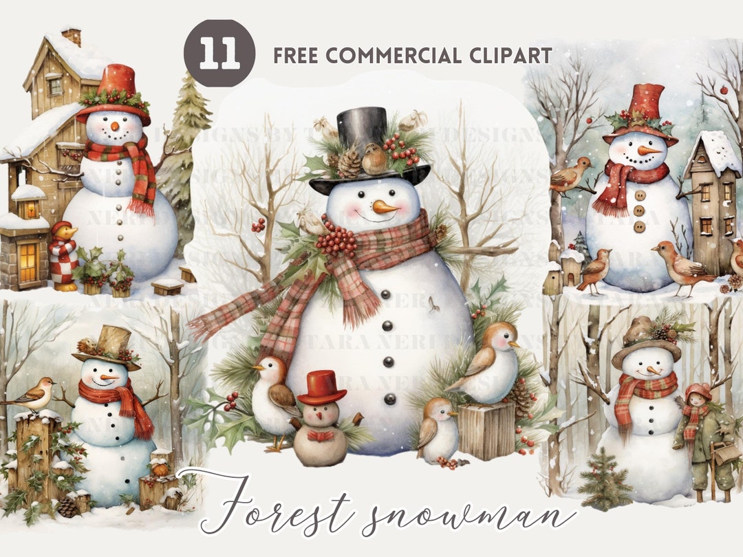 Snowman in Forest Watercolor Clipart Bundle Snowman and Birds in ...