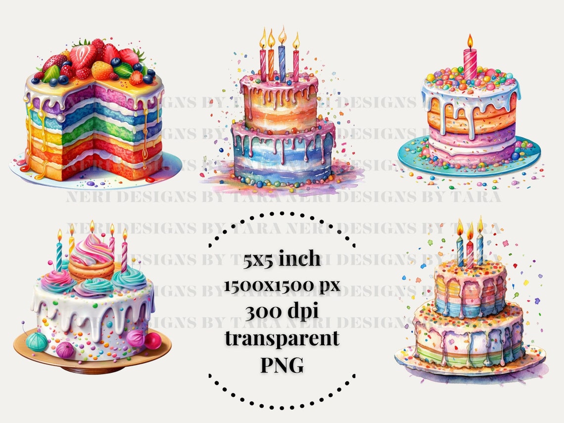 Rainbow Birthday Cake Watercolor Clipart Bundle Colorful - Etsy