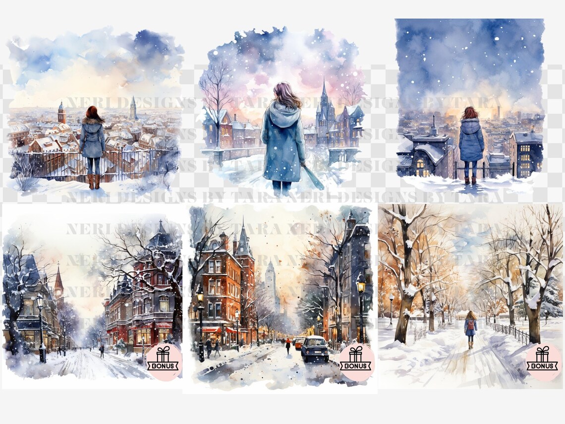 Winter Girl Watercolor Clipart Bundle Woman in Snow Scene - Etsy