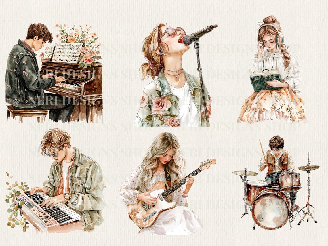 Music Girl Watercolor Clipart, Guitar Play Free Commercial PNG, Music ...