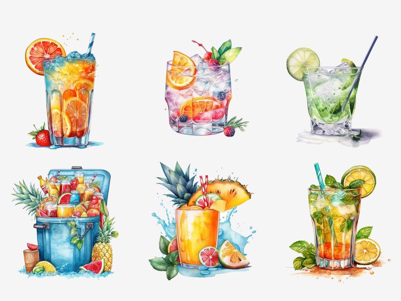 Tropical Drinks Watercolor Clipart Bundle Refreshing Summer - Etsy