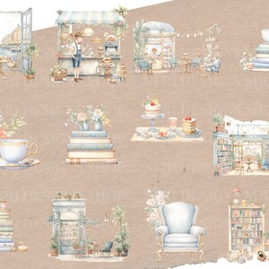 Book Cafe Watercolor Clipart, Coffee Shop Free Commercial PNG Set, Book ...