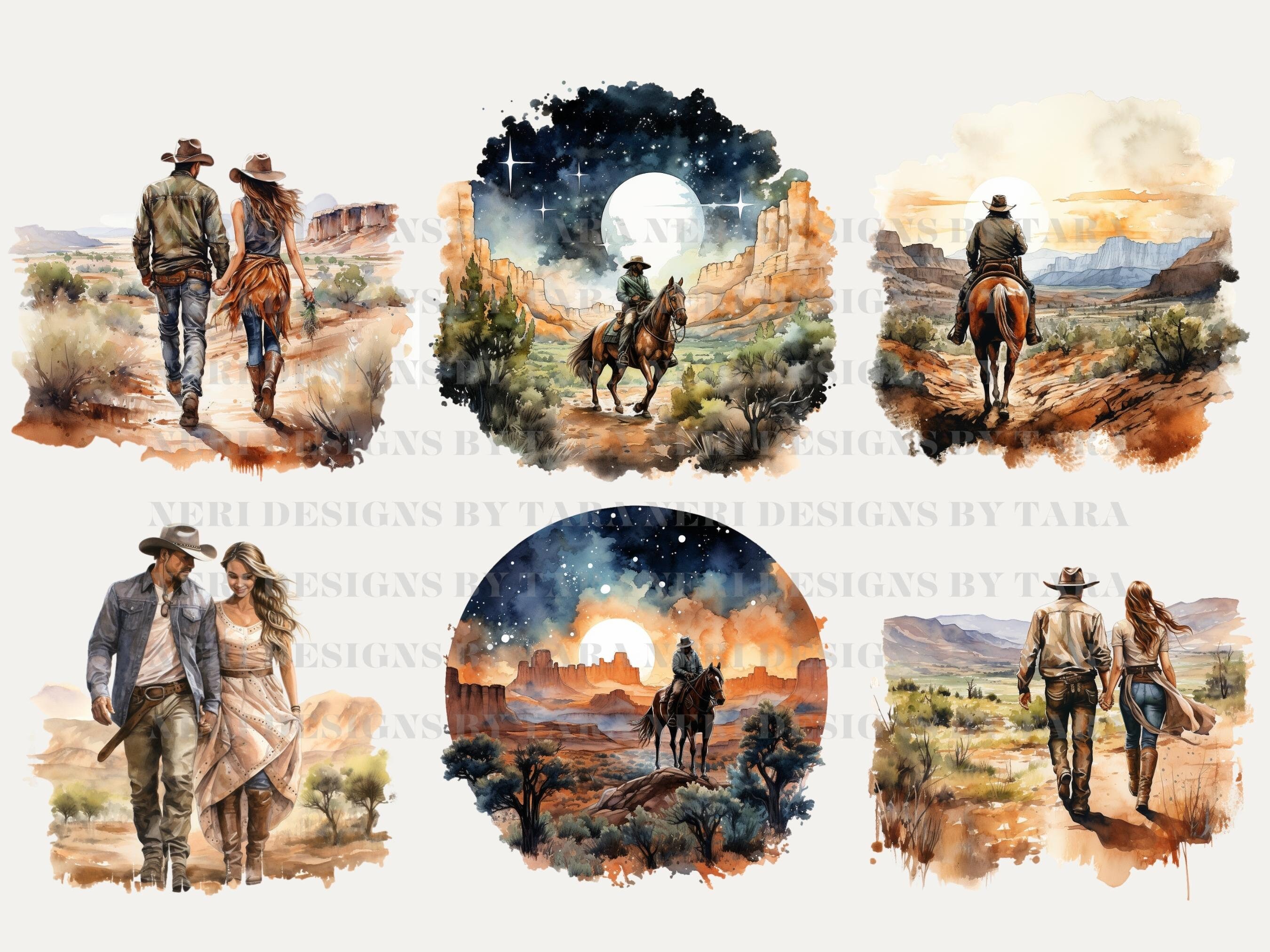 Romantic Cowboy Watercolor Clipart Bundle, Cowboy Embracing His Partner ...