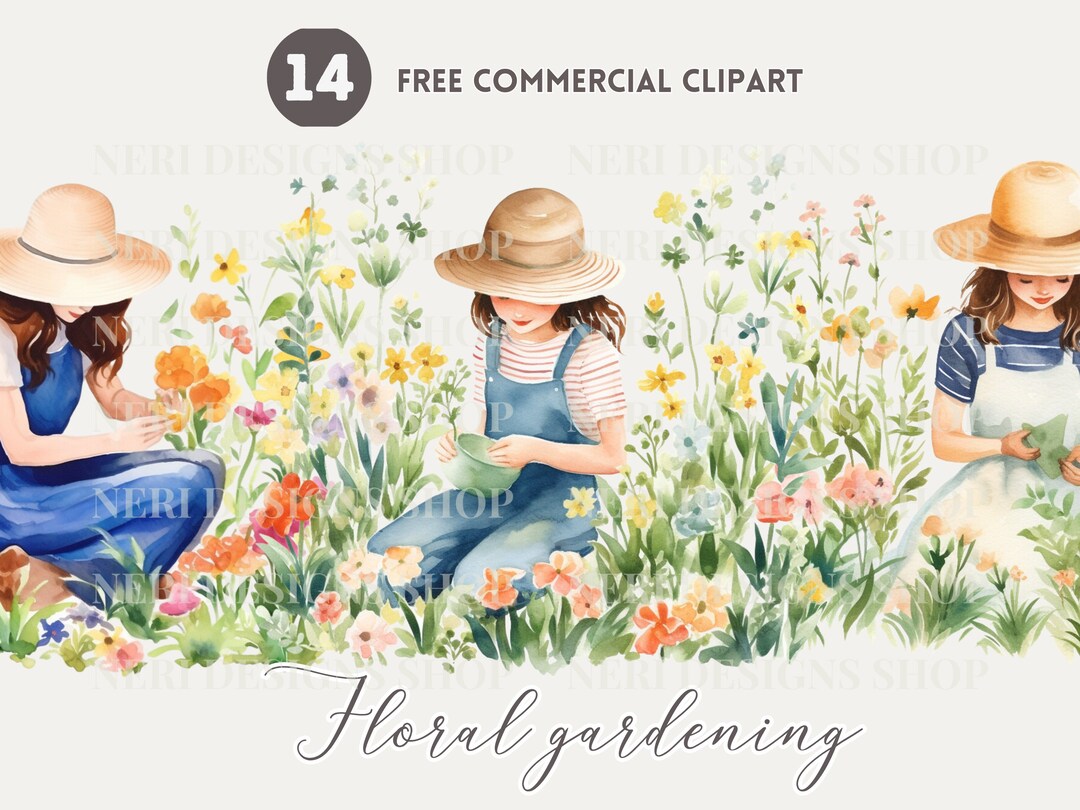 Girl in Flower Garden Watercolor Clipart Bundle, Spring Gardening PNG ...