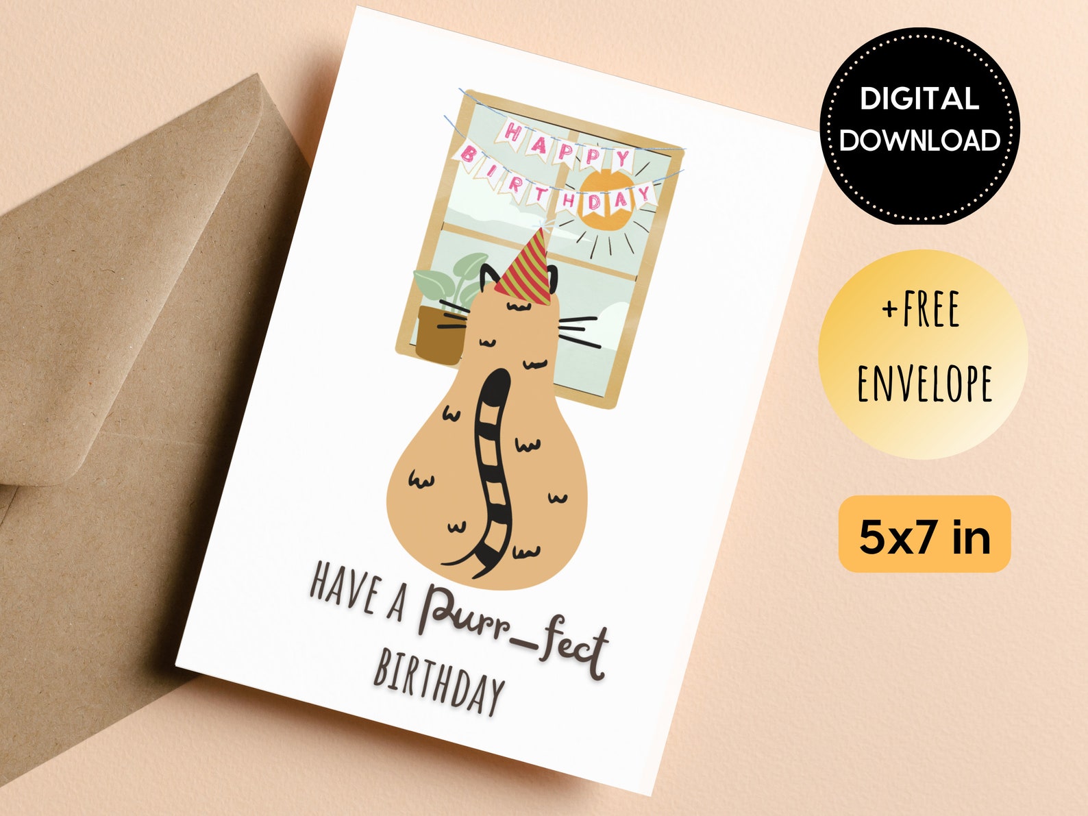 Printable Birthday Card Cute Cat Digital Card Funny Cat - Etsy