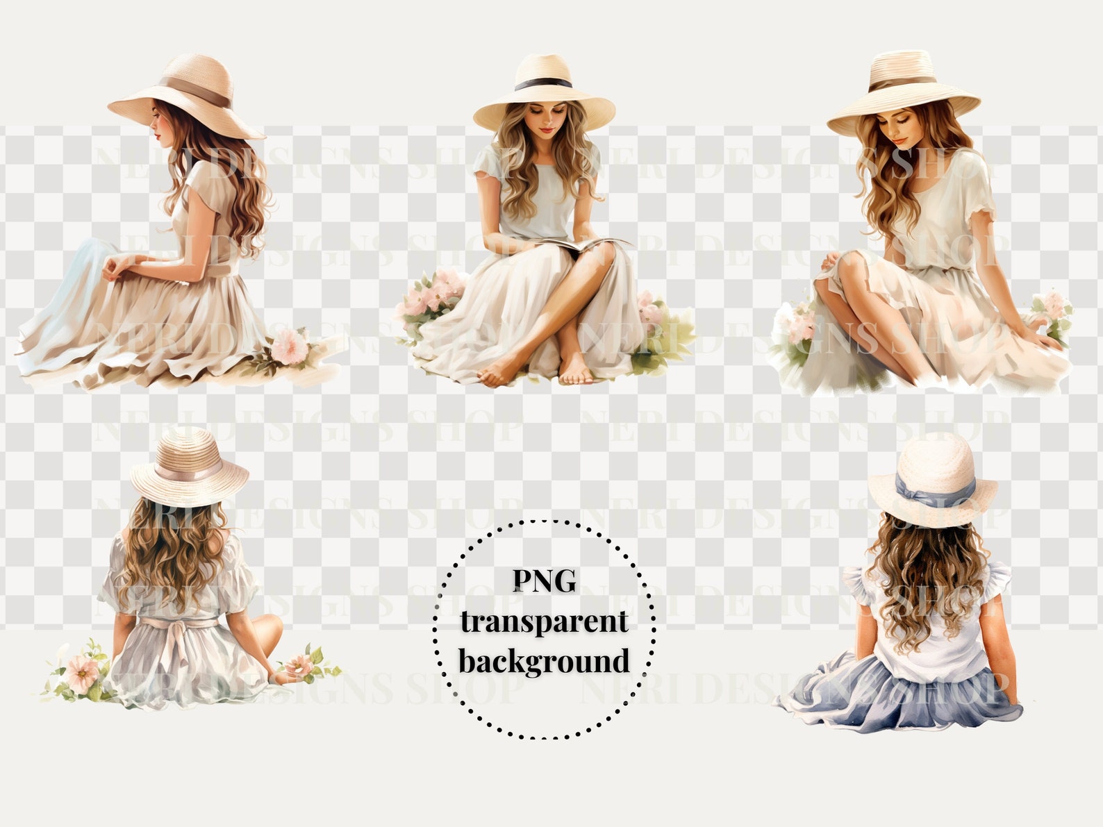 Back View Girl Watercolor Clipart Bundle, Lady Free Commercial PNG Set ...