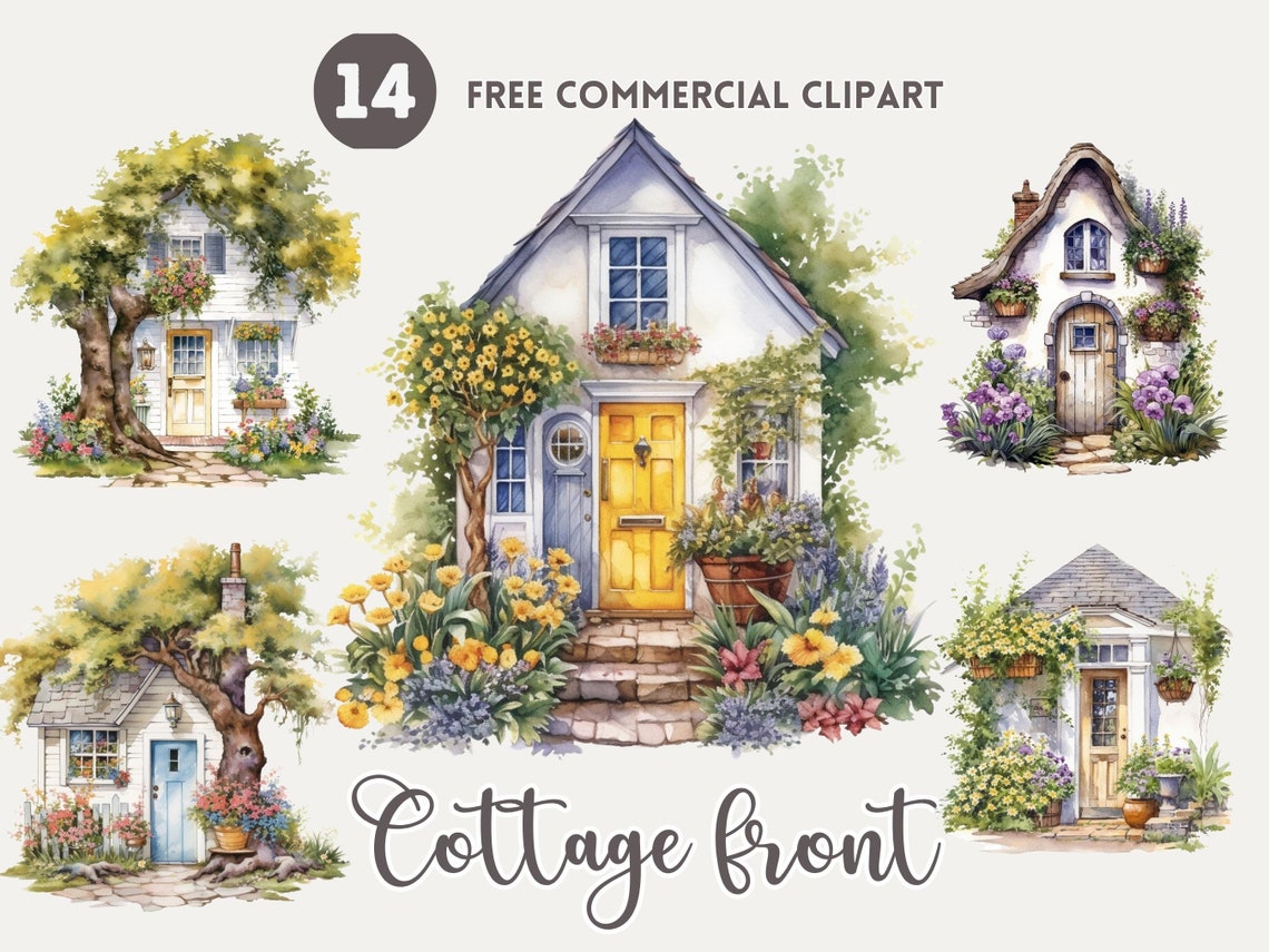 Floral Cottage Front Watercolor Clipart Bundle, Cozy Cottage Facade ...