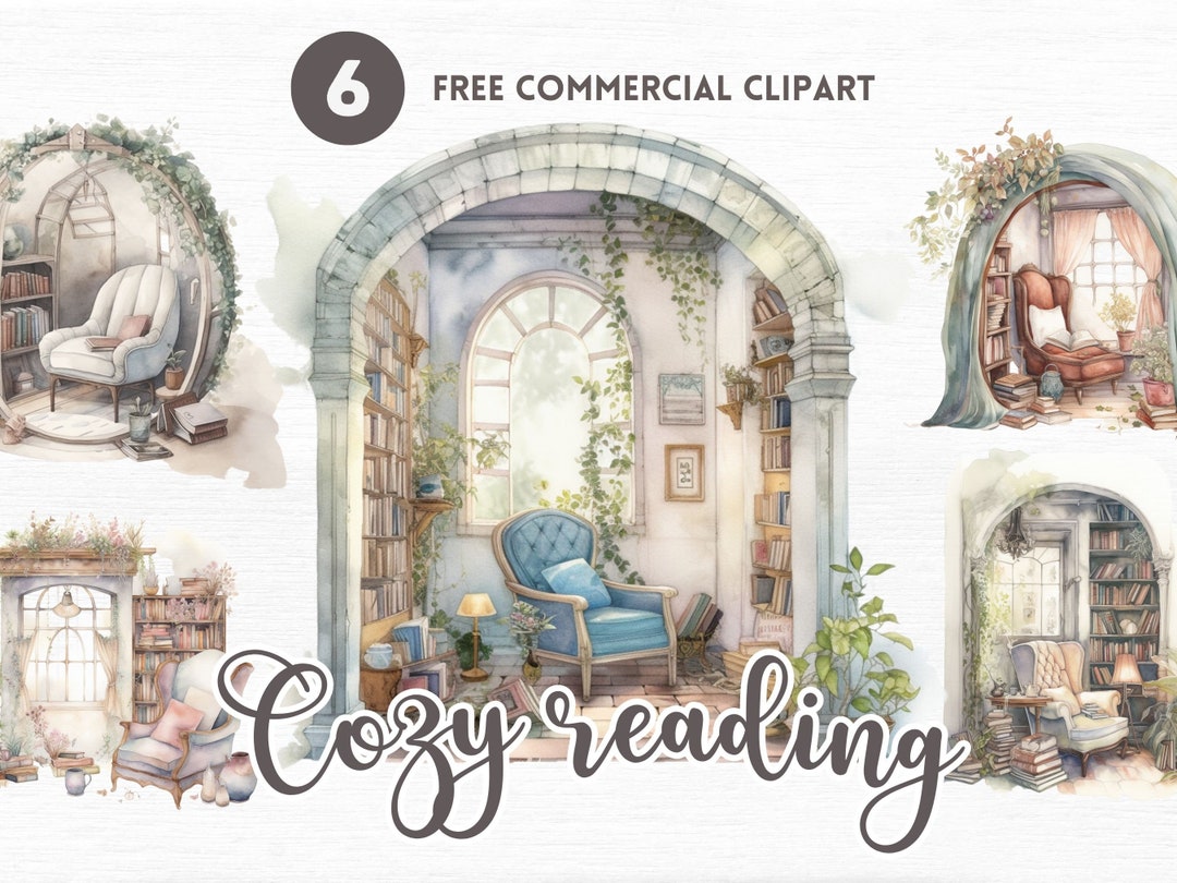 Cozy Reading Watercolor Clipart Bundle Free Commercial Watercolor ...