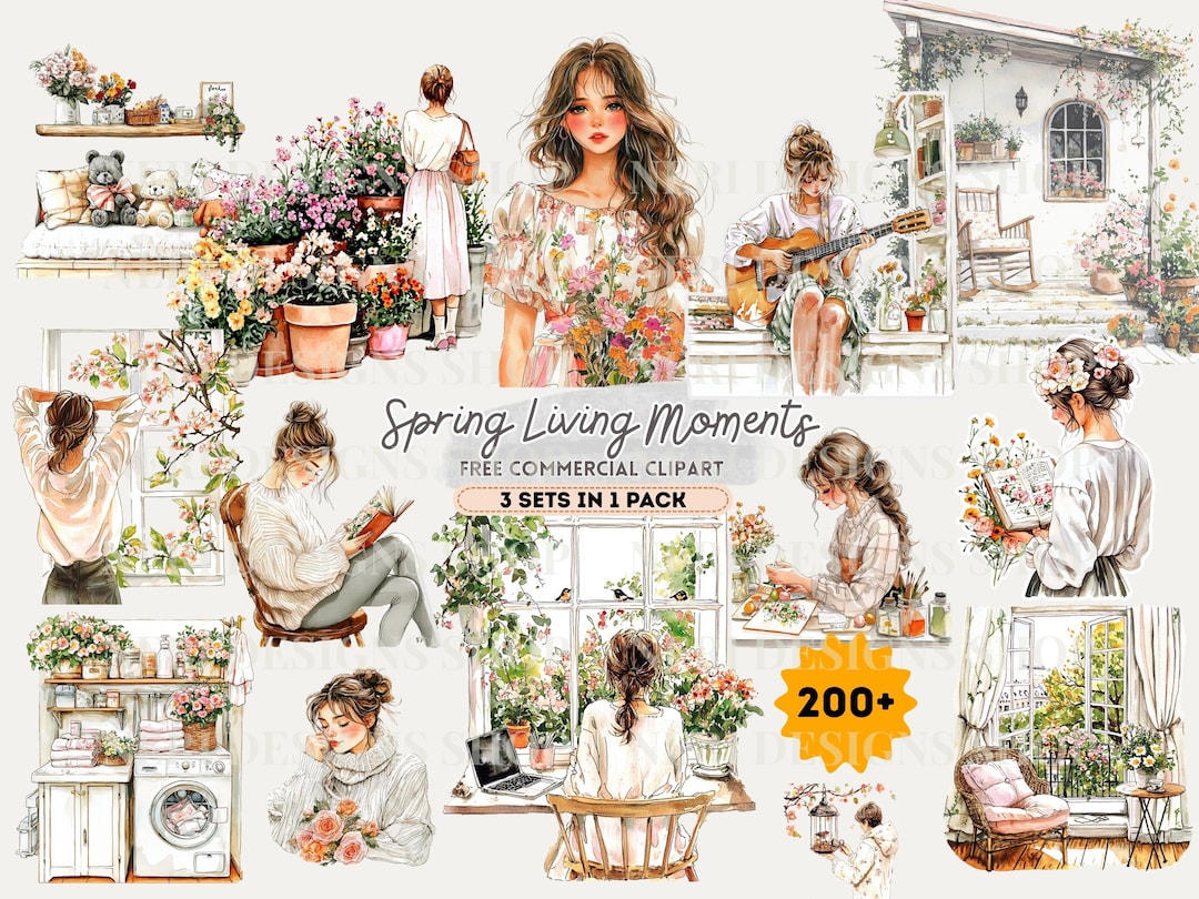 Spring Floral Lifestyle Watercolor Clipart Bundle, Home Living, Window ...