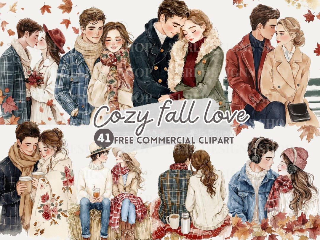 Cozy Fall Couple Watercolor Clipart, Autumn Romance Planner Sticker ...