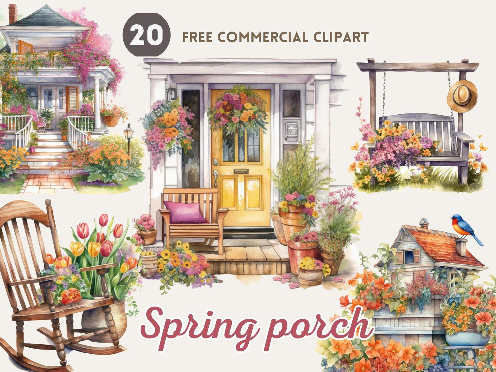 Spring Porch Watercolor Clipart Bundle Free Commercial Spring - Etsy