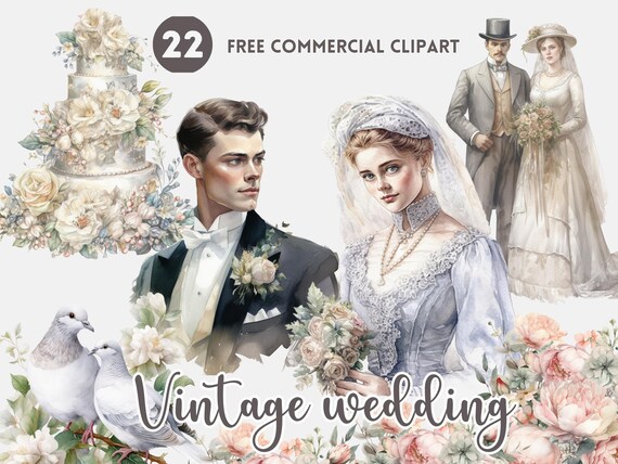 Vintage Bridal Clip Art Watercolor Vintage Wedding Clipart. Retro