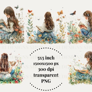 Girl Reading in Flower Garden Watercolor Clipart Bundle, Backview Young ...